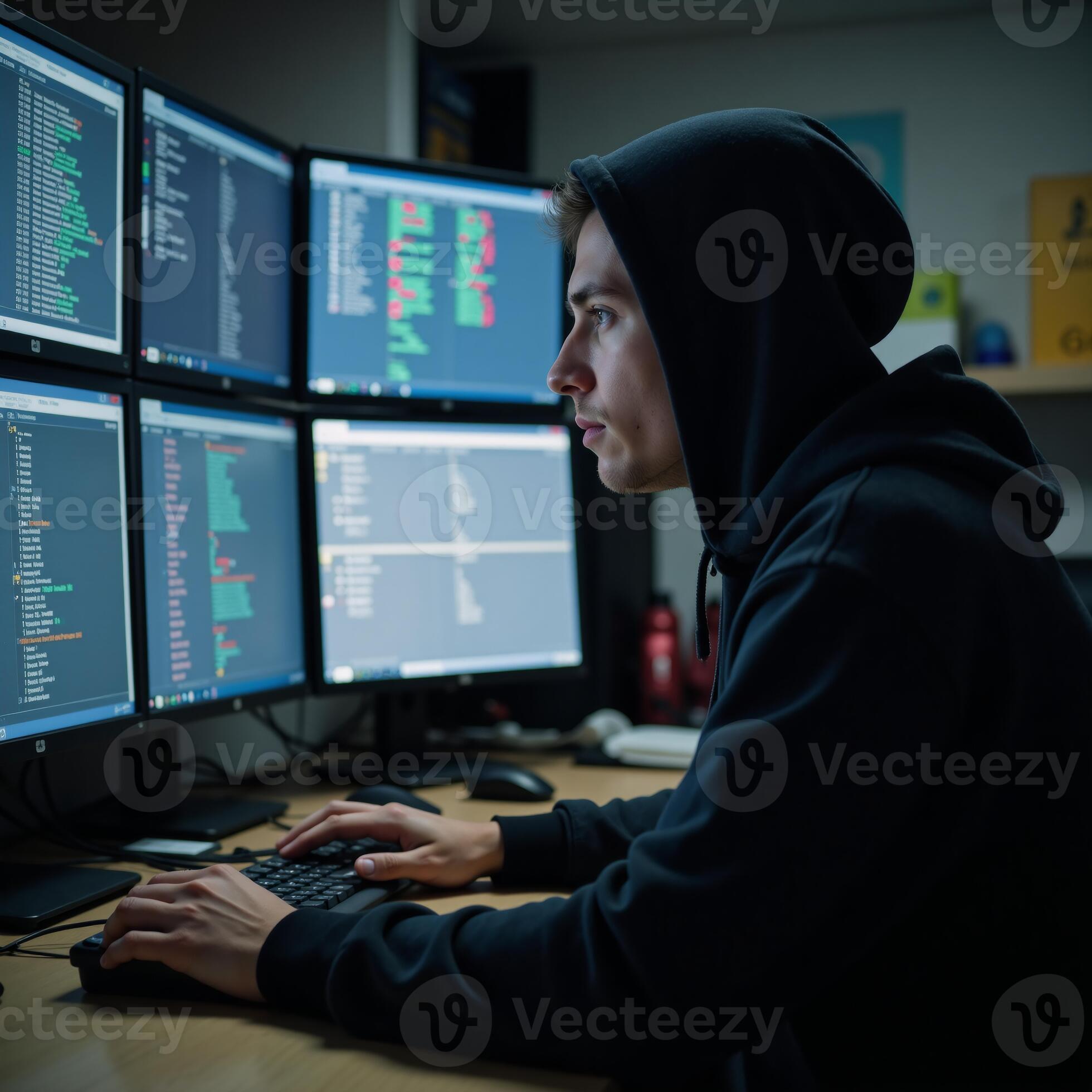 A hooded hacker engrossed in cybercrime with multiple screens and dimly ...