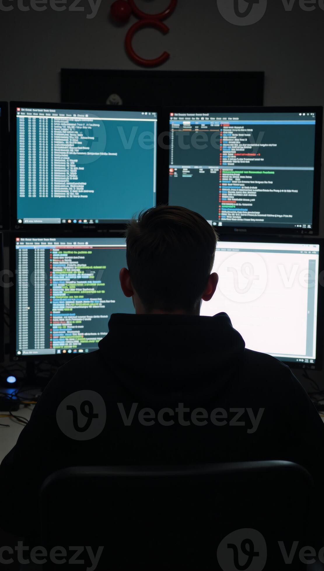 A hooded hacker engrossed in cybercrime with multiple screens and dimly ...