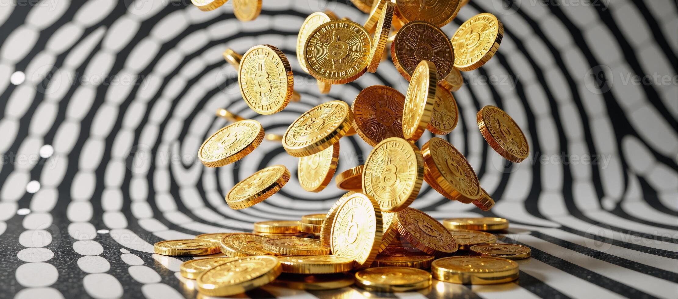 Digital abstract art showcases golden coins falling within a binary ... Digital abstract art showcases golden coins falling within a binary ...
