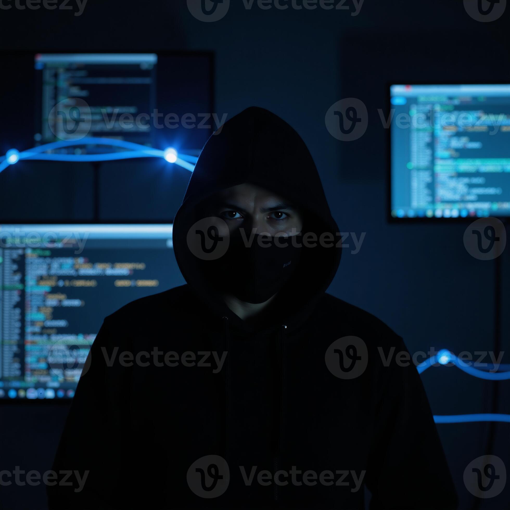 Anonymous hacker embodied as mysterious figure amidst dark web themes ...