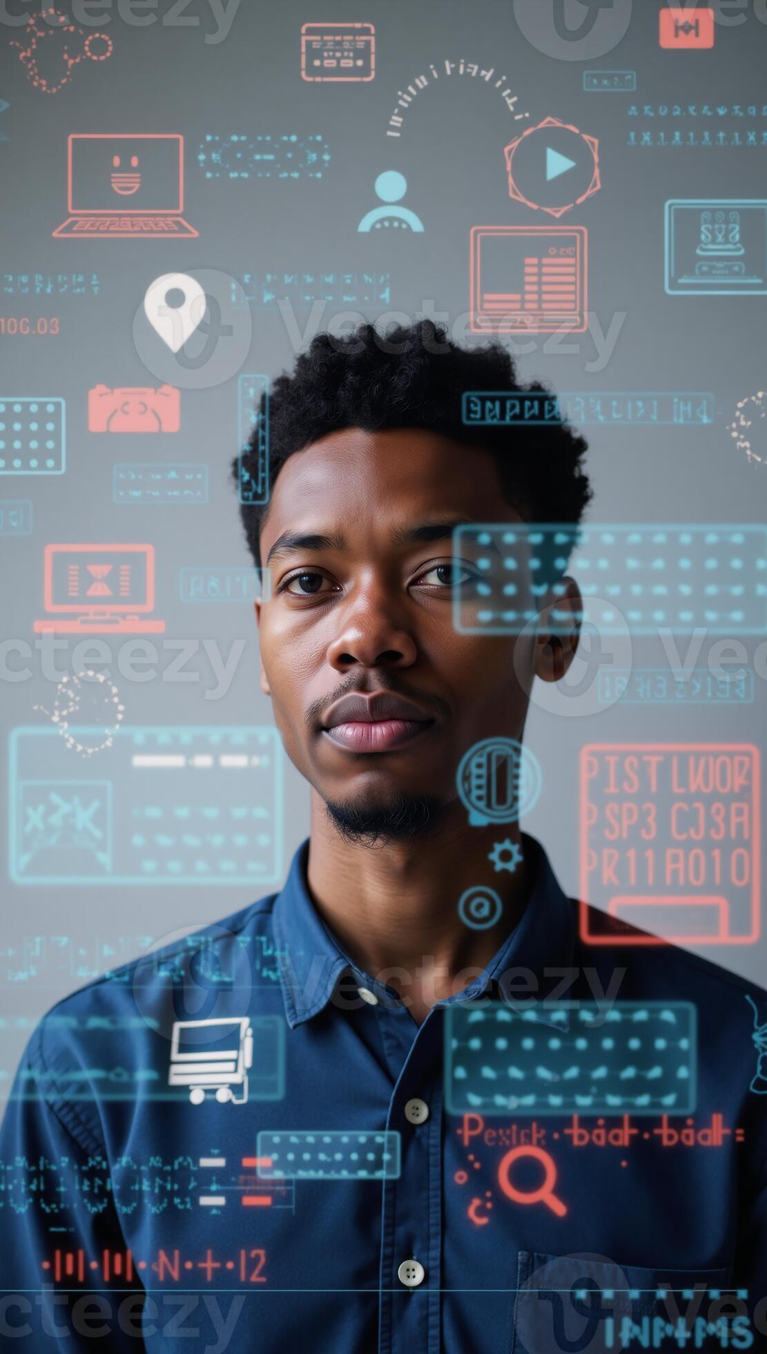 A digital art illustration showcases an AfricanAmerican IT student excelling in coding ...