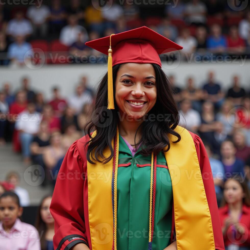 A young smiling African American woman celebrates as she graduates from ... A young smiling African American woman celebrates as she graduates from ...