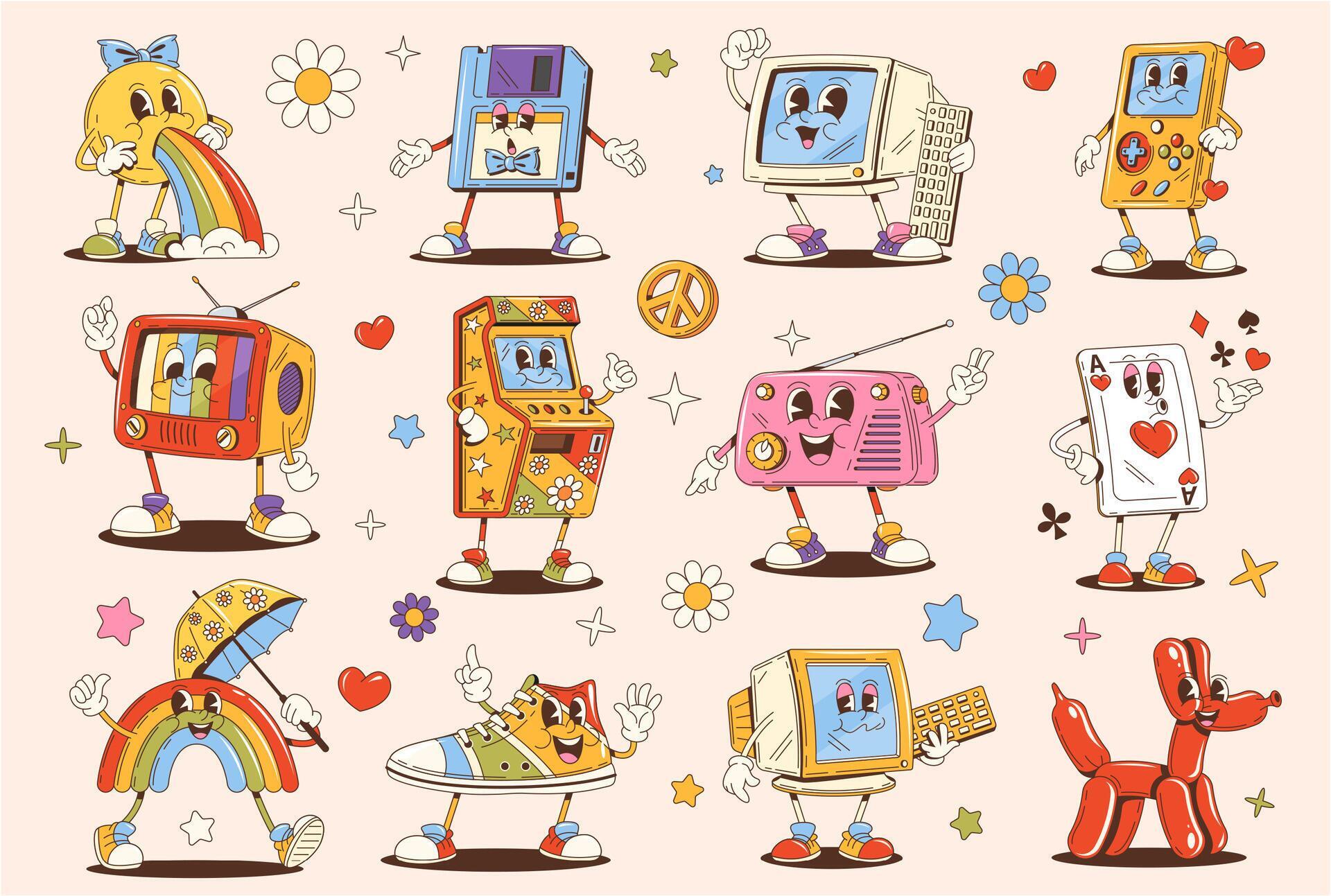 Retro groovy sun, rainbow, computer characters 51681759 Vector Art at ...