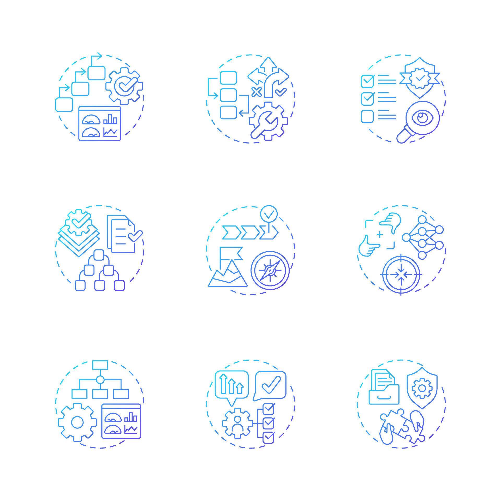 Standard operating procedures blue gradient concept icons. Regulatory compliance, task ...
