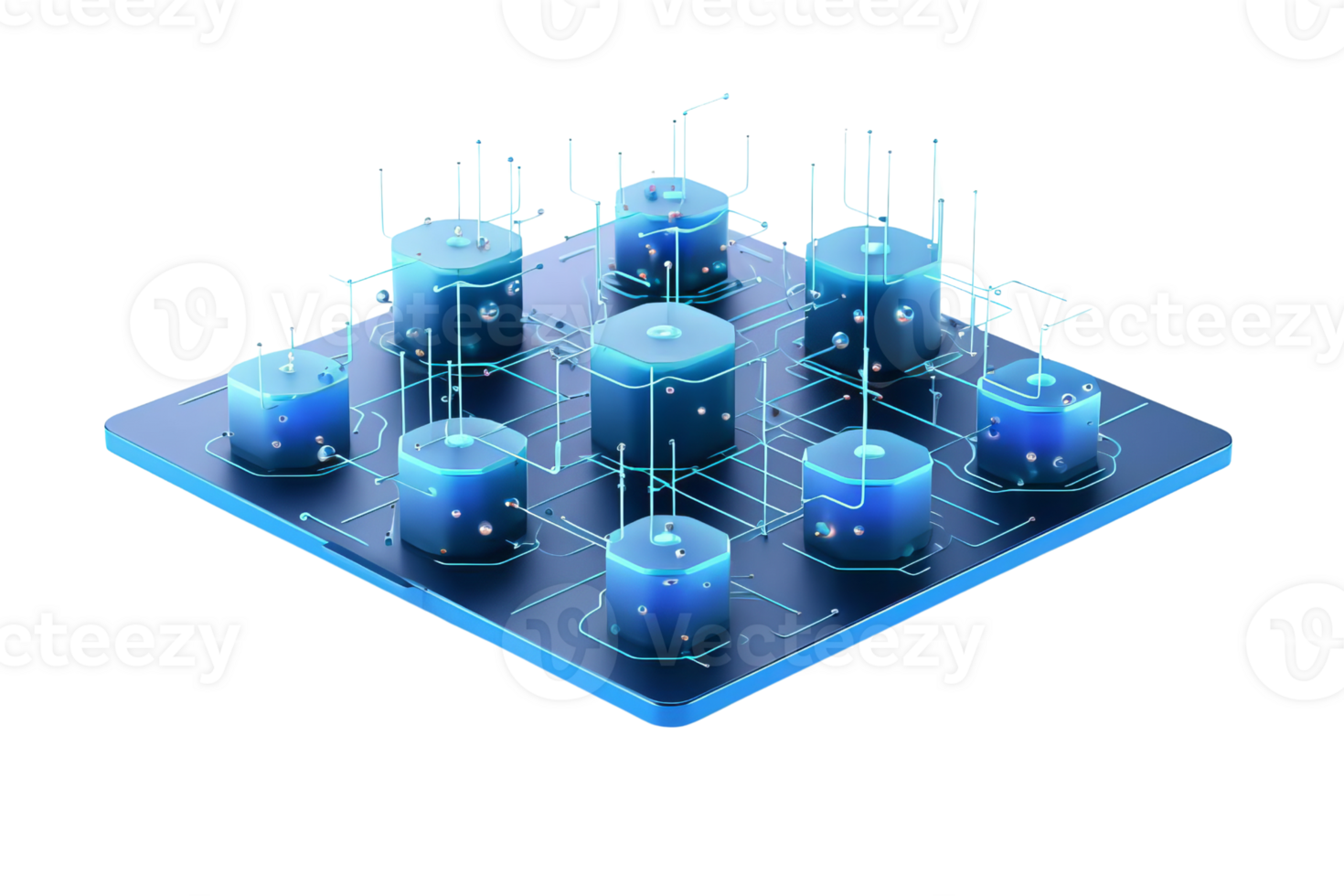 Futuristic digital data visualization with glowing blue bar charts over a circuit board ...