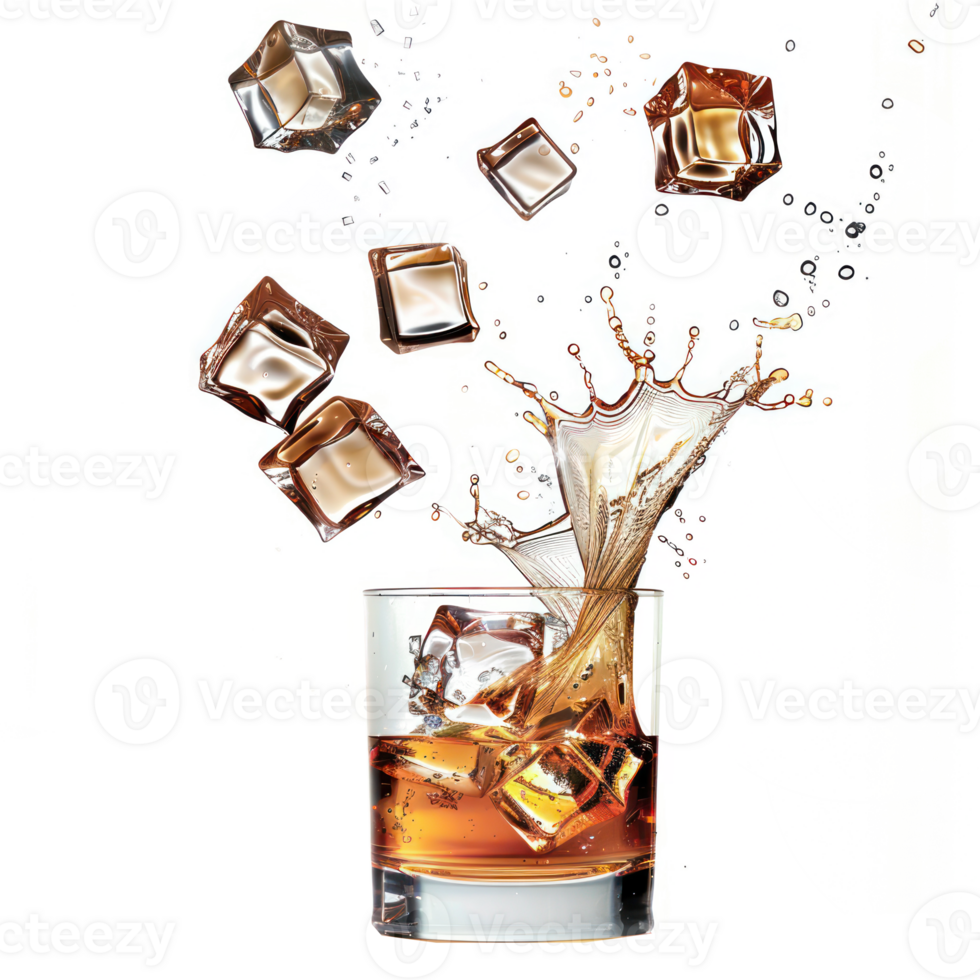 Whisky and ice cubes falling into a glass isolate on transparency background 51689530 PNG