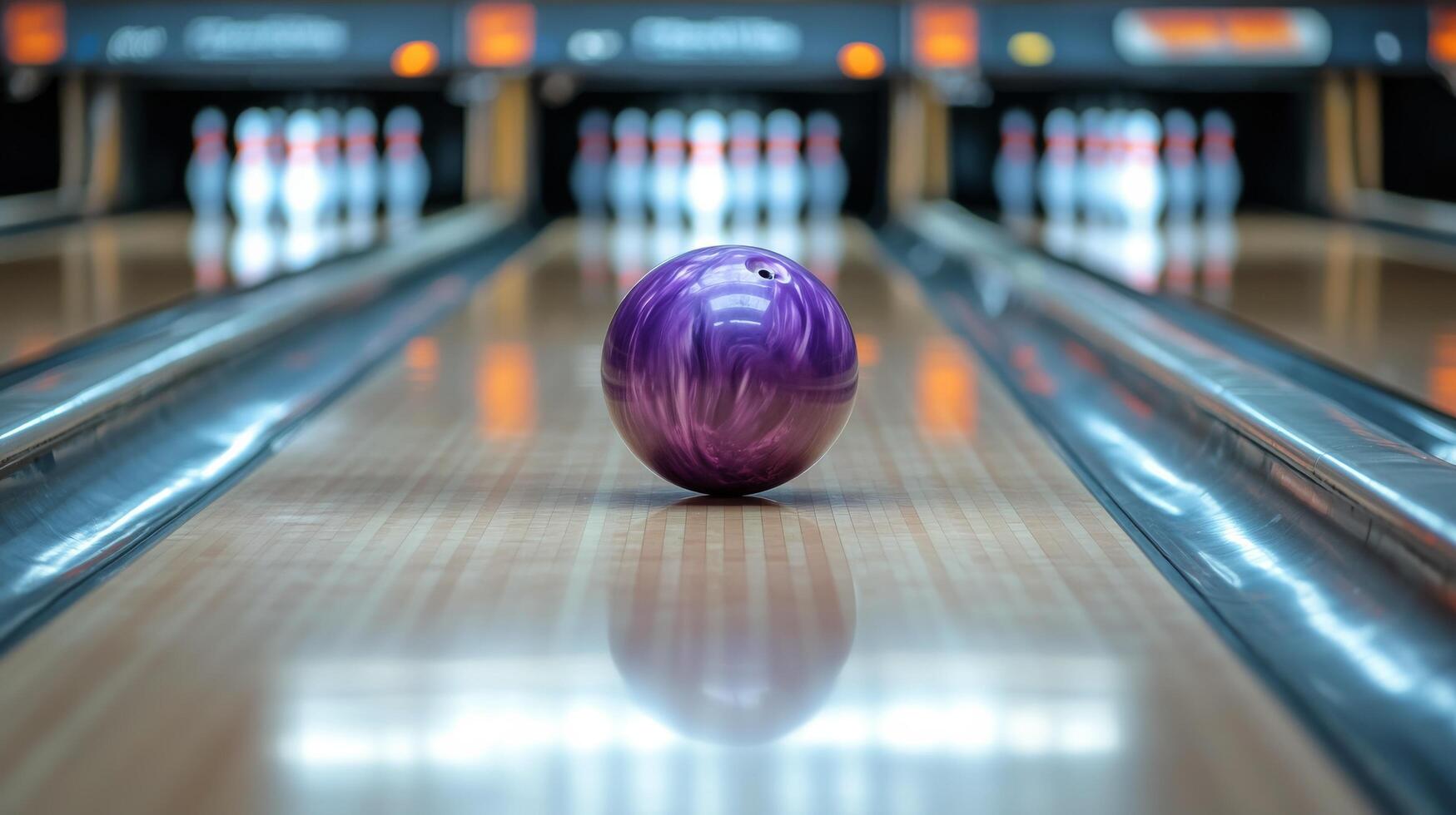 Purple bowling ball rolling down lane with pins in background at bowling alley during evening ...
