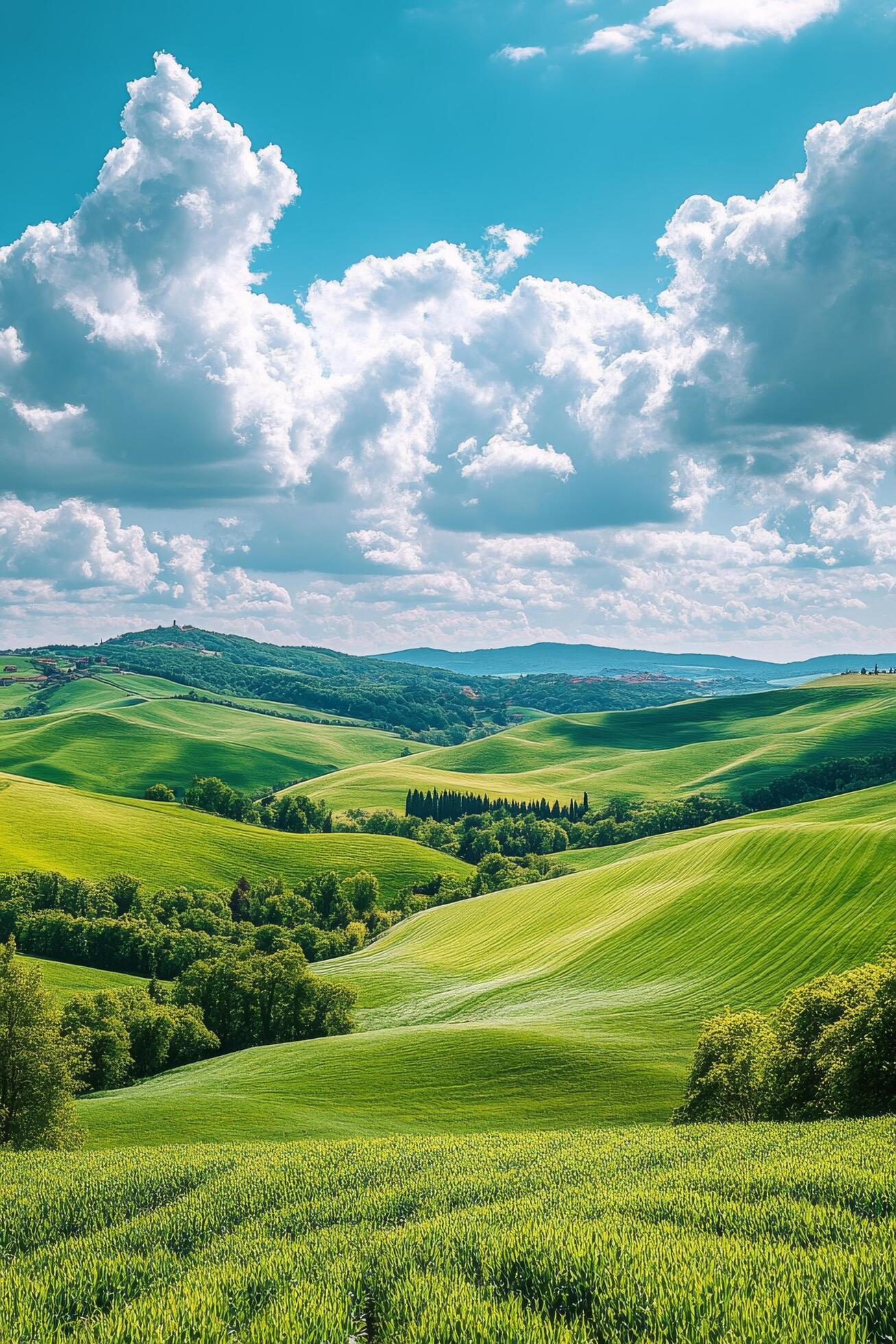Lush green rolling hills under a partially cloudy sky in a serene landscape during midday ...