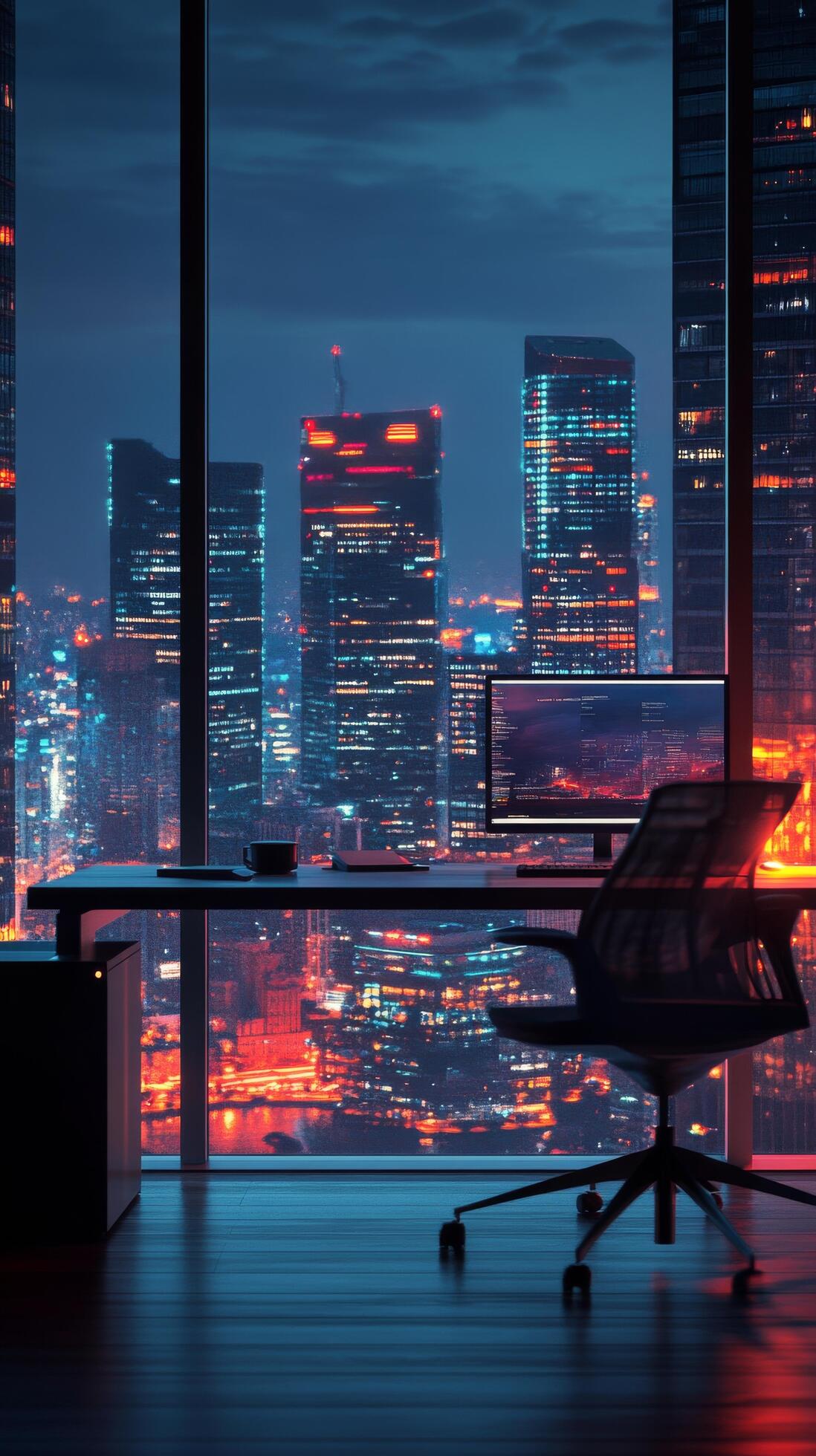A modern workspace with a view of the illuminated New York City skyline at night 51703832 Stock ...