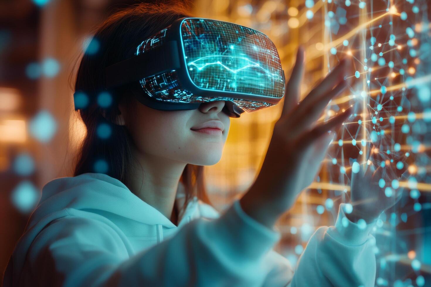 A person interacts with virtual reality technology in a modern urban environment at night ...