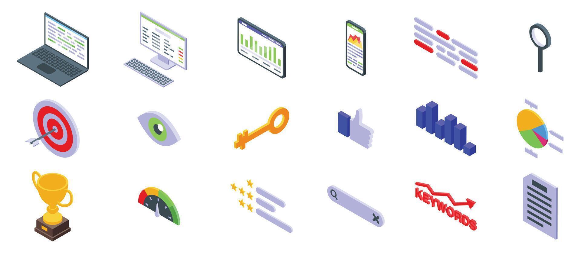 Keywords ranking icons set. Search engine optimization icons showing targeting, vision, keywords ...