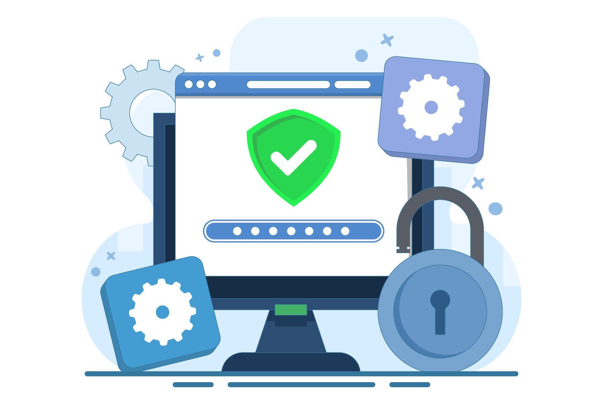 Computer security concepts, Device security, PC protected with locks and shields, Firewall ...