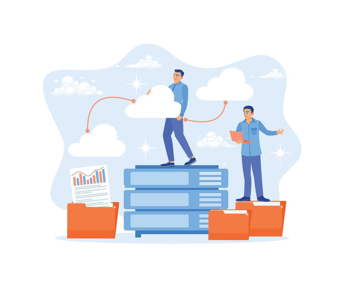 Business teams store data in databases. Server racks are connected to cloud computing services ...