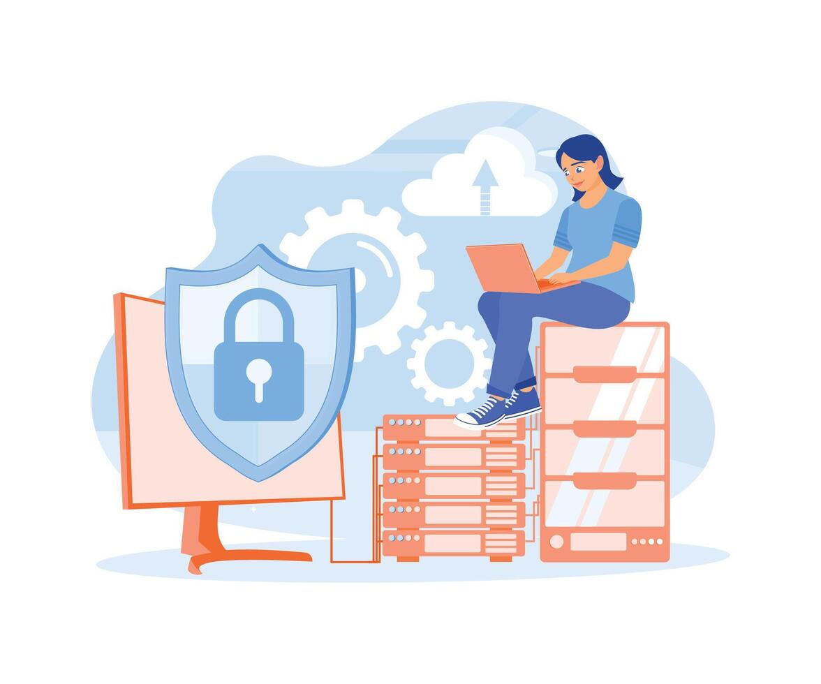 Women Store Personal Data In Data Centers Protect Data From Hackers Database Concept Flat