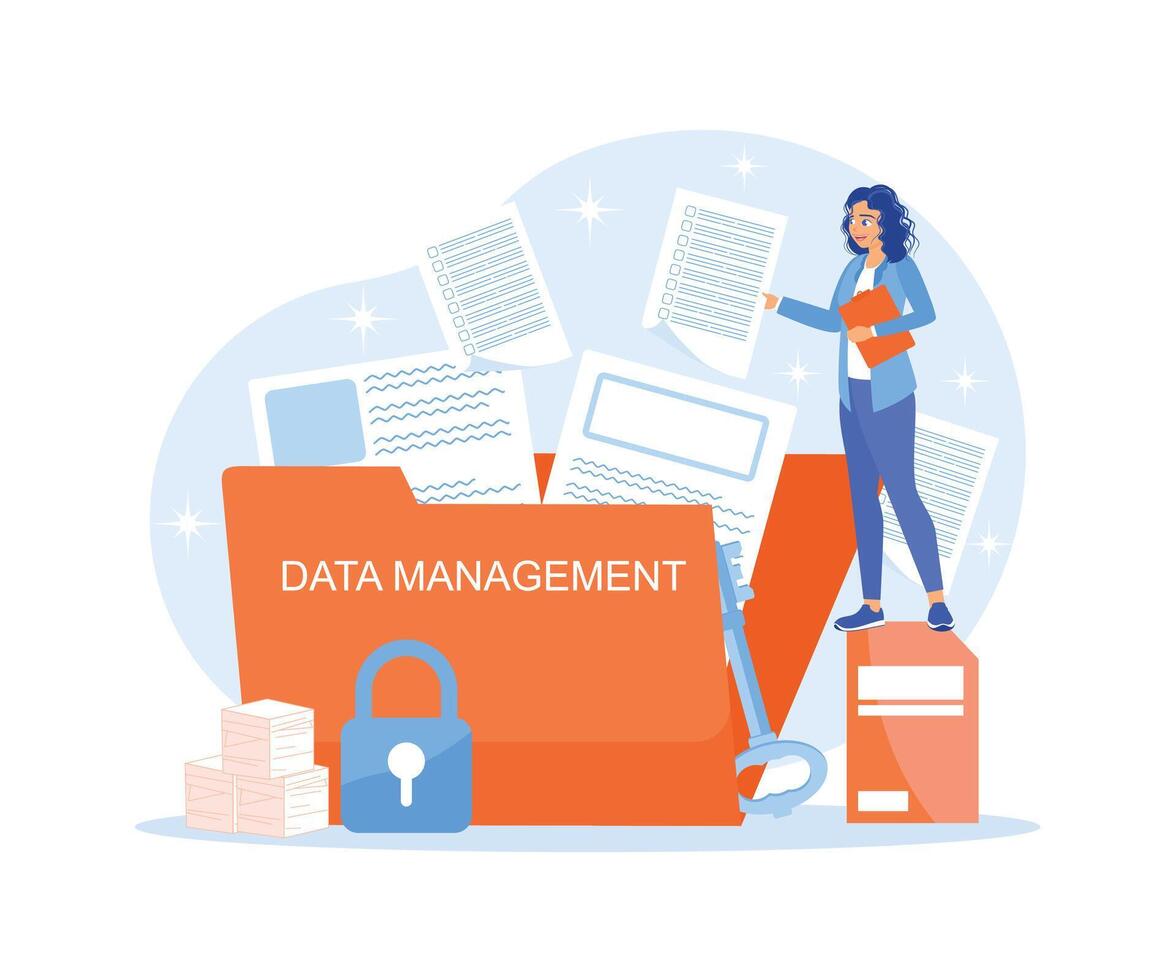 Female staff collects efficient data. Store data safely. Data ...