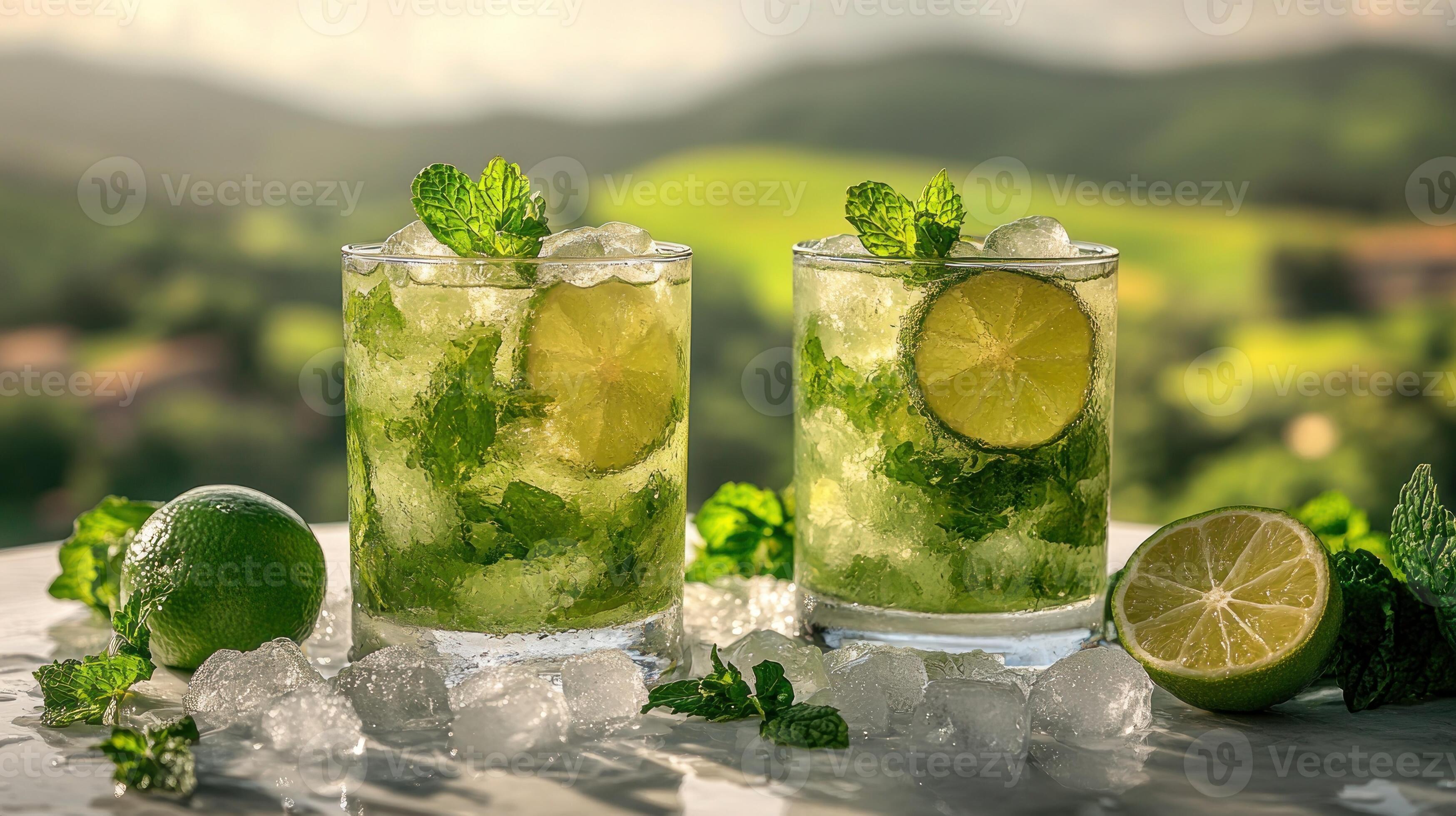 Two mojitos with mint and lime are beautifully presented with a scenic view 51733740 Stock Photo ...