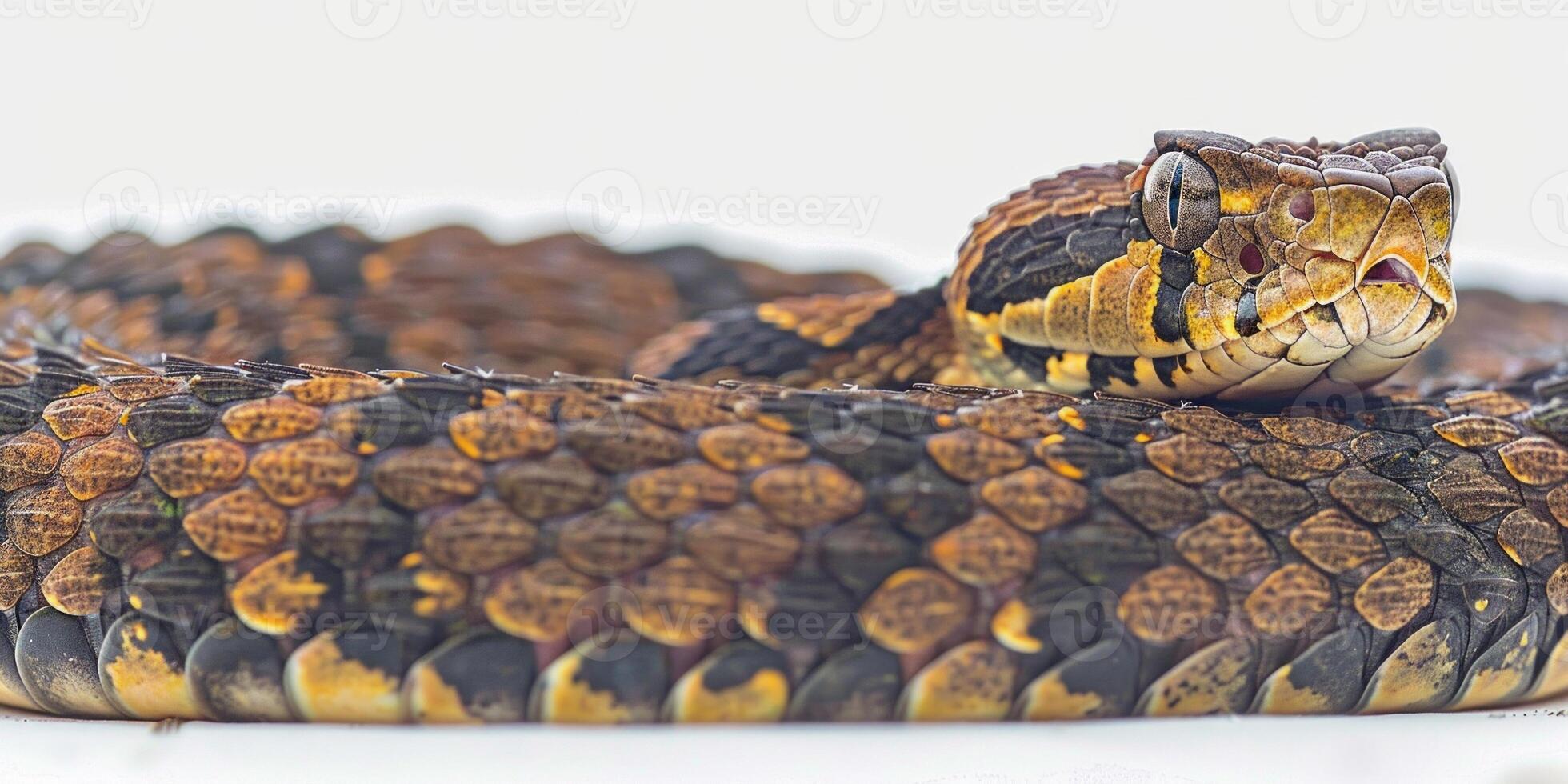 A coiled Cottonmouth Snake is depicted against a white background ...