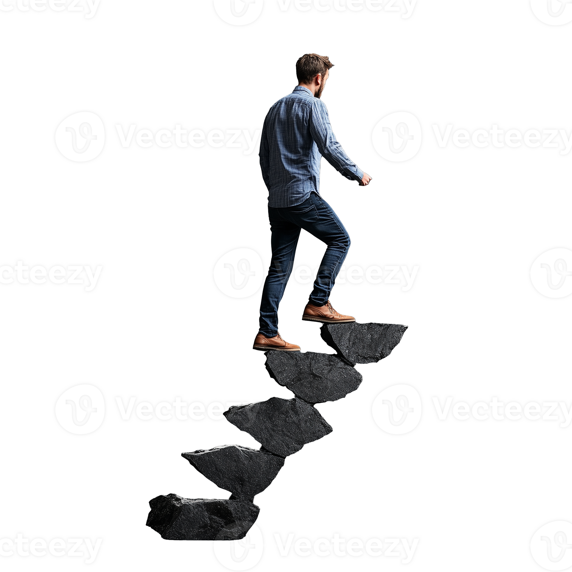Man walking on floating steps, wearing casual clothes, moving upward on a transparent background ...