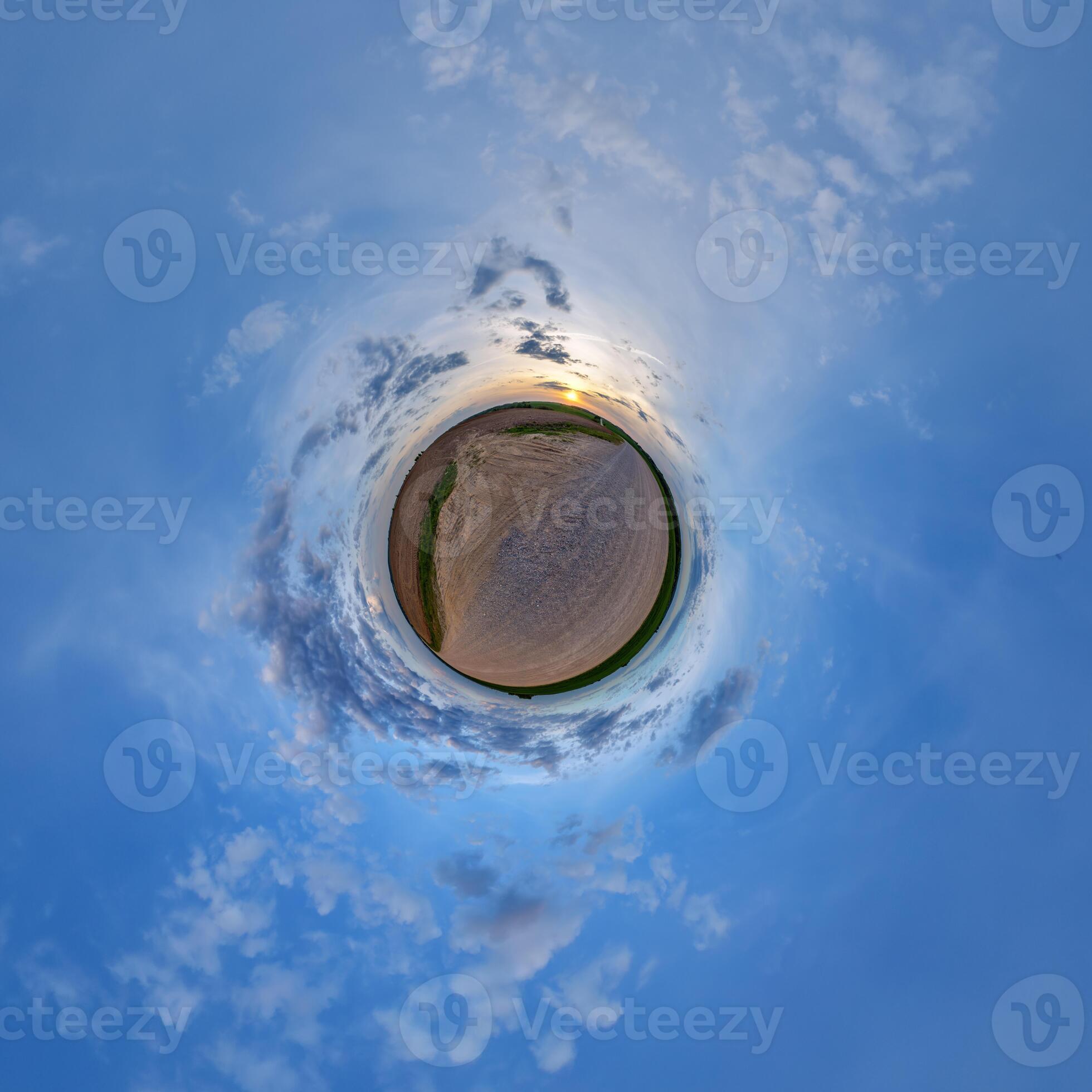 simple little tiny planet without buildings in blue sky with sun and ...
