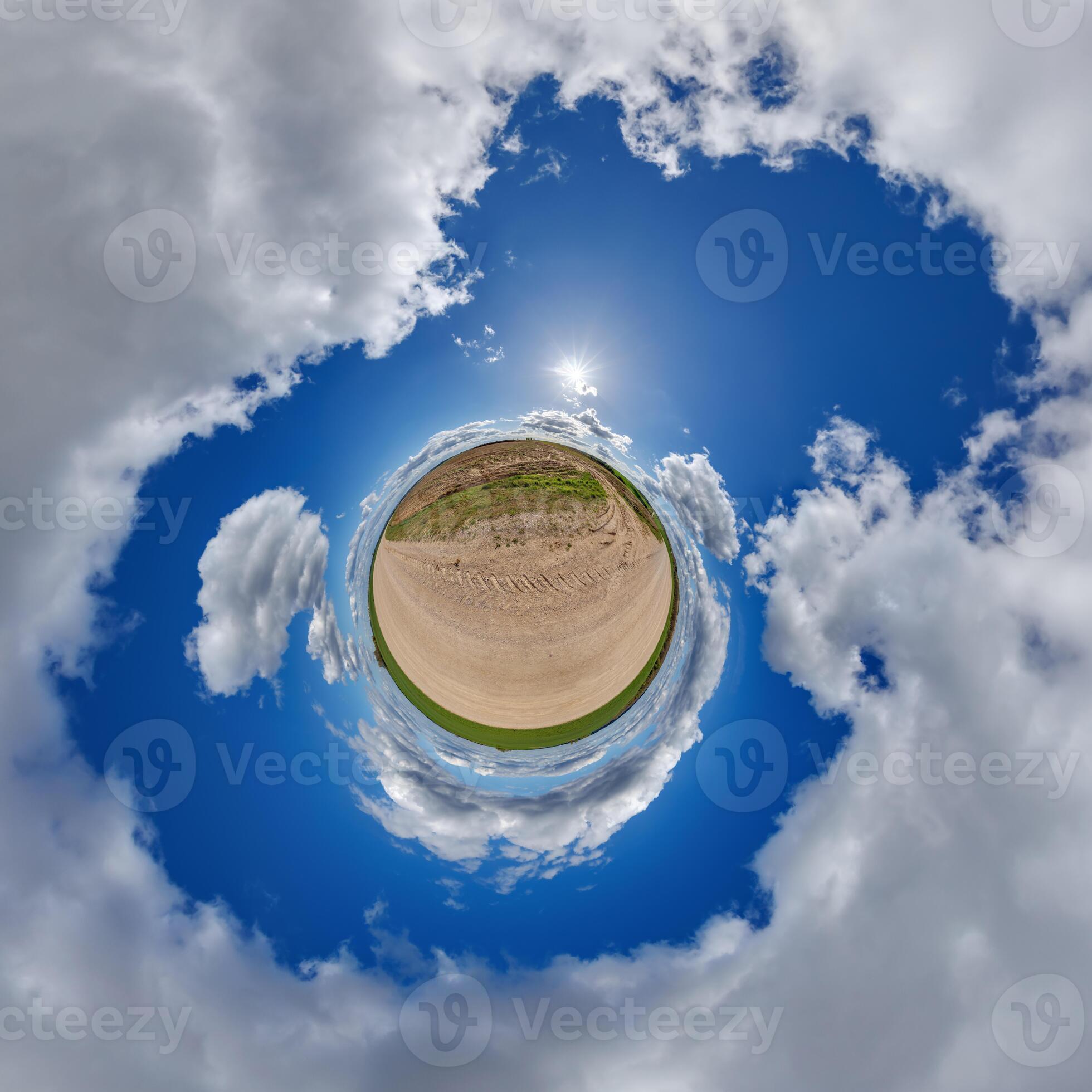 simple little tiny planet without buildings in blue sky with sun and ...