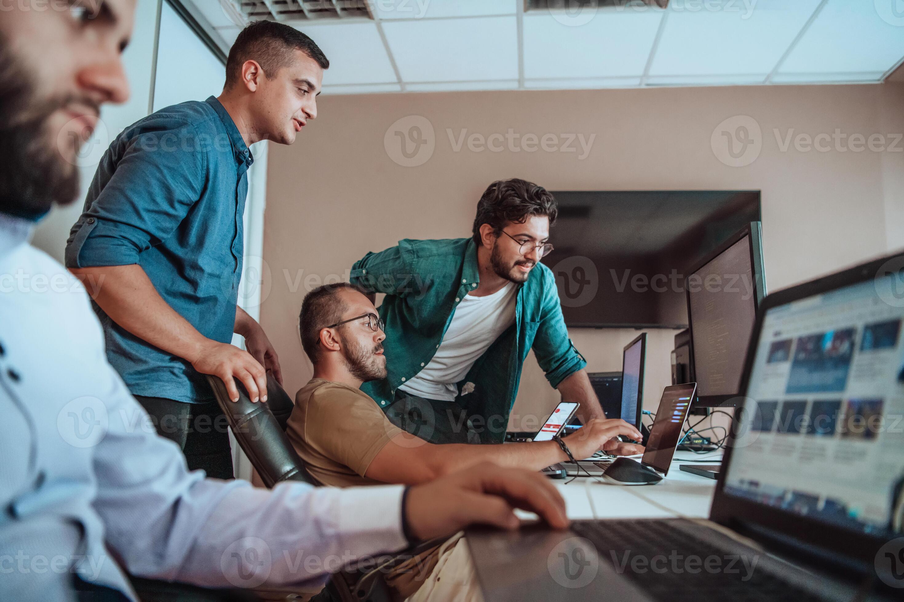 Programmers engrossed in deep collaboration, diligently working together to solve complex ...