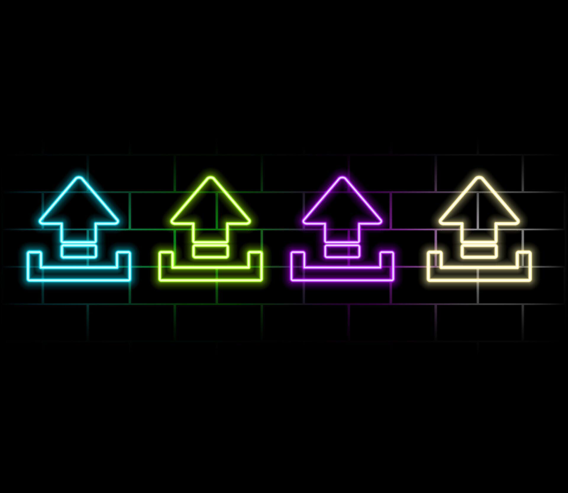 Neon upload icon. Glowing neon upload sign, outline arrow pictogram in vivid colors. Online data ...