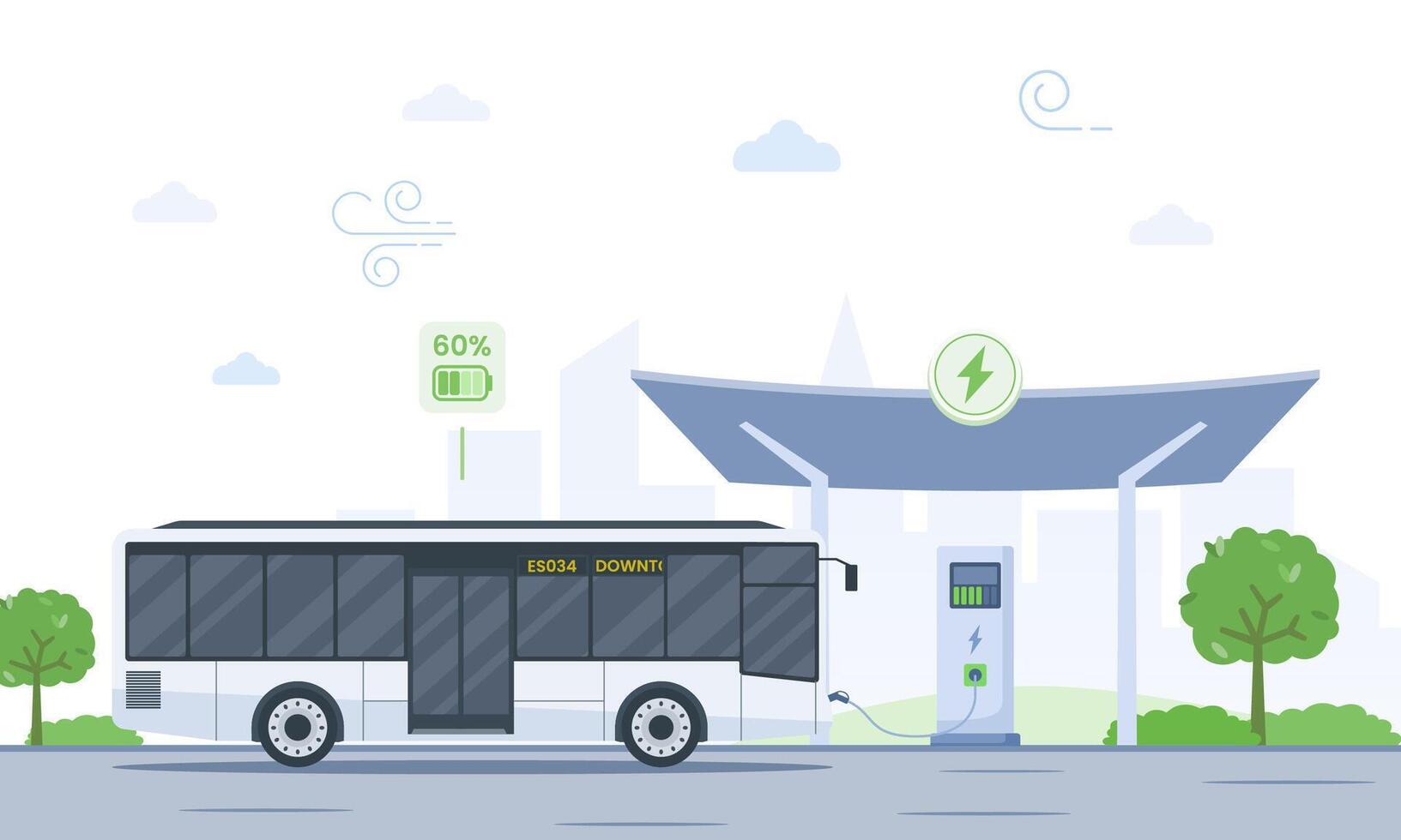 Electric bus charging at futuristic station illustration. Urban public transport scene with 60 ...