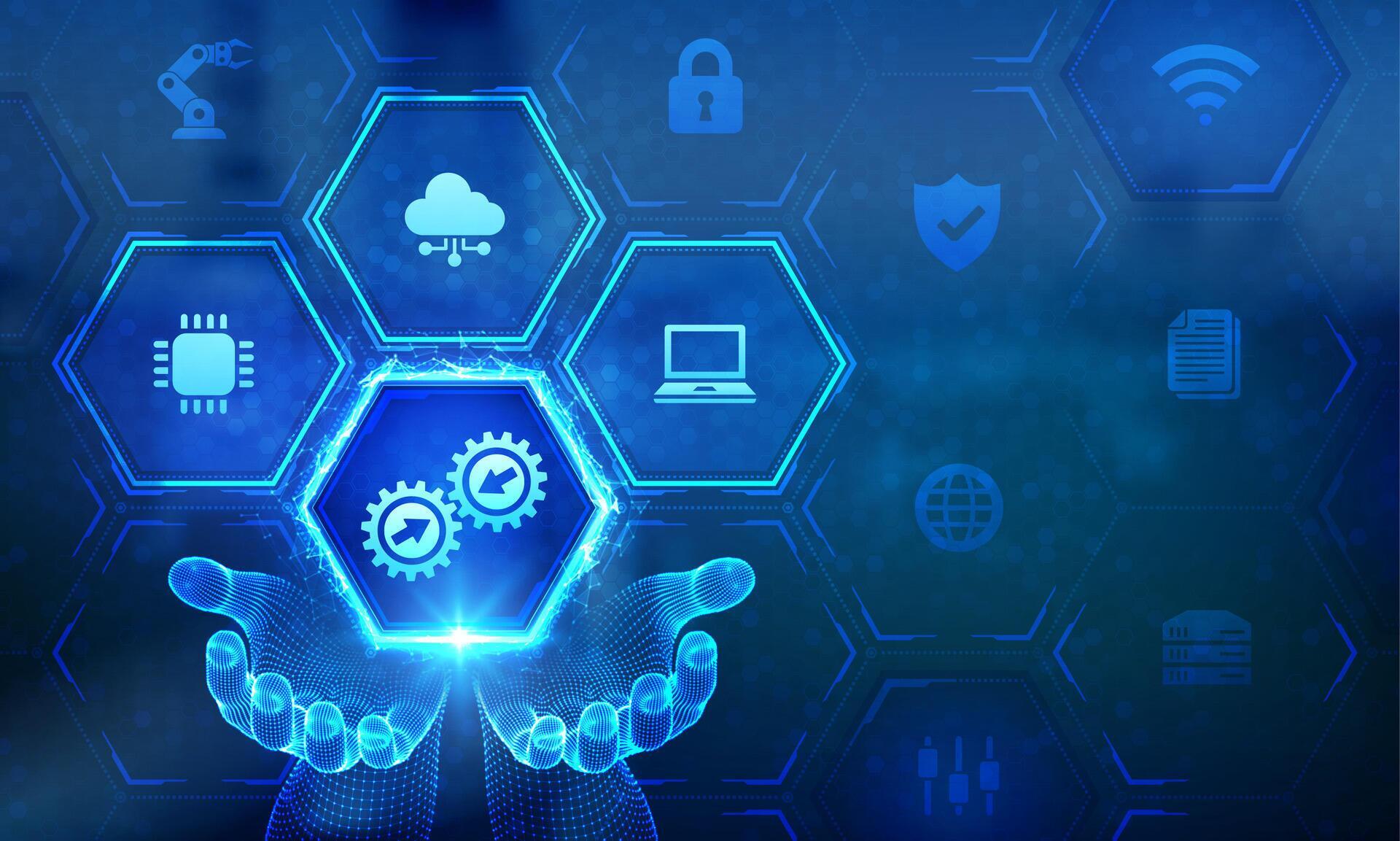 Integration Data System System Integration Technology Concept In Wireframe Hands Industrial
