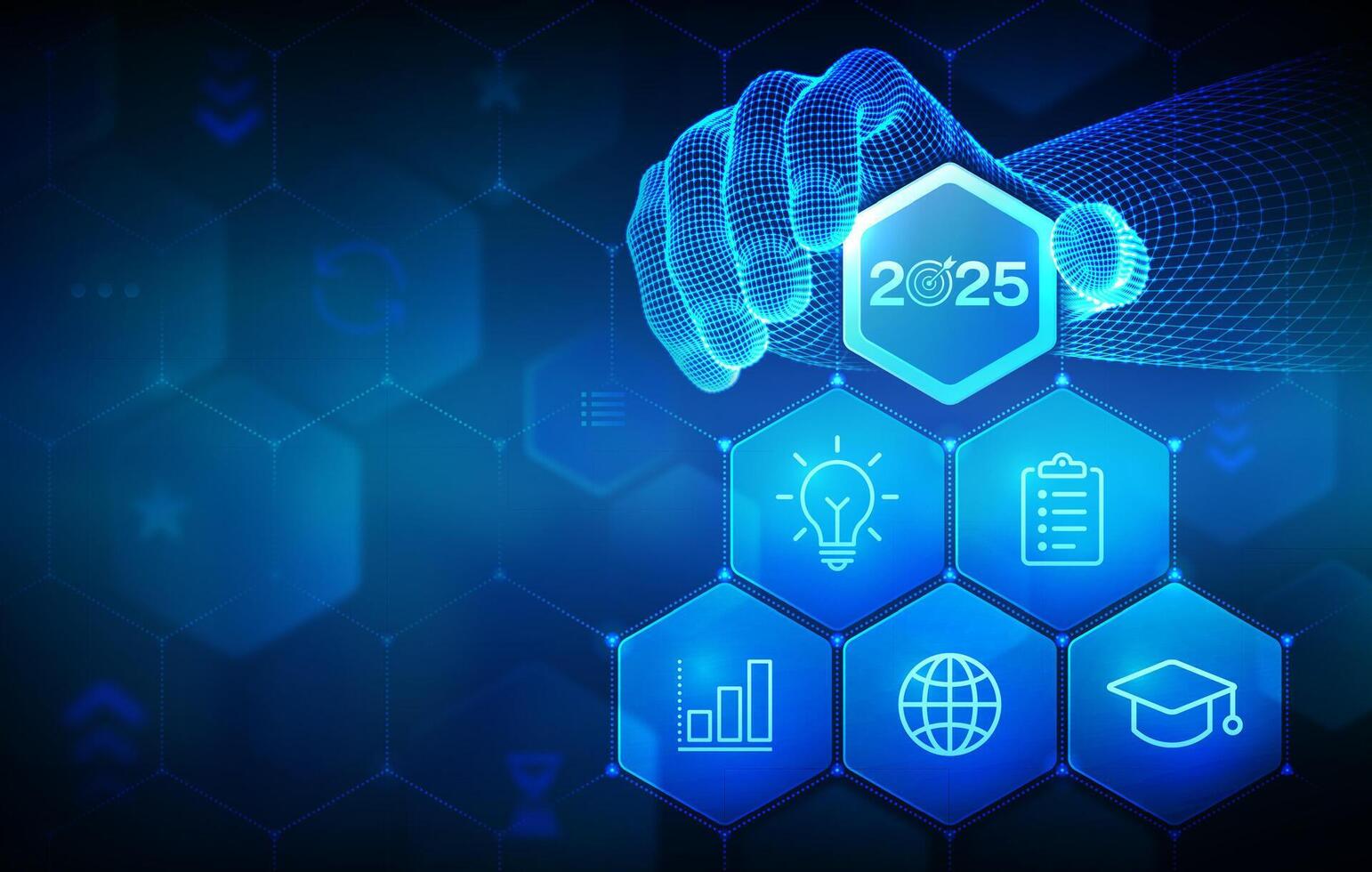 2025 New year Goals and plans. Wireframe hand places an element into a ...