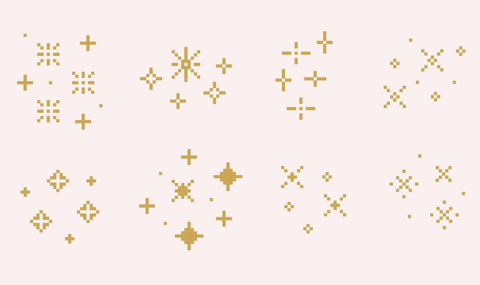 Yellow sparkles symbols 8 bit. Set of pixelated stars sparkle icon. Bright firework, decoration ...