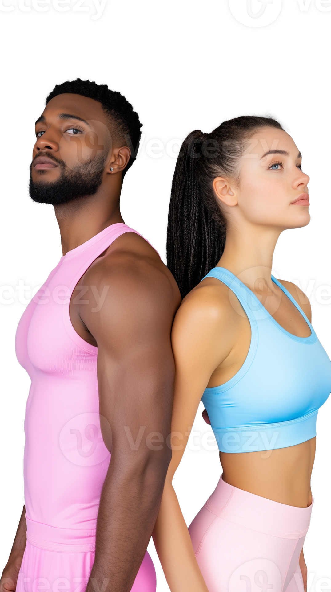 Fit young man and woman standing back-to-back in activewear on ... Fit young man and woman standing back-to-back in activewear on ...