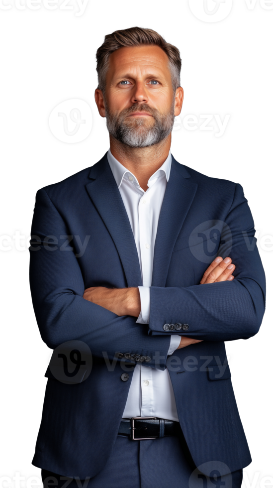 Confident businessman in blue suit crossing arms and looking serious on ...