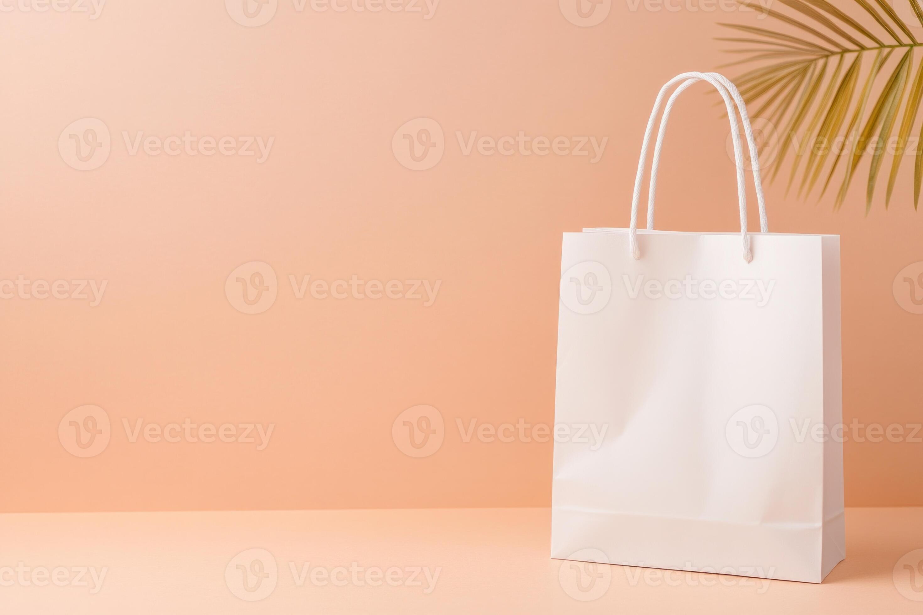 Minimalist white paper bag on neutral backdrop illuminated by soft light ideal for branding ...