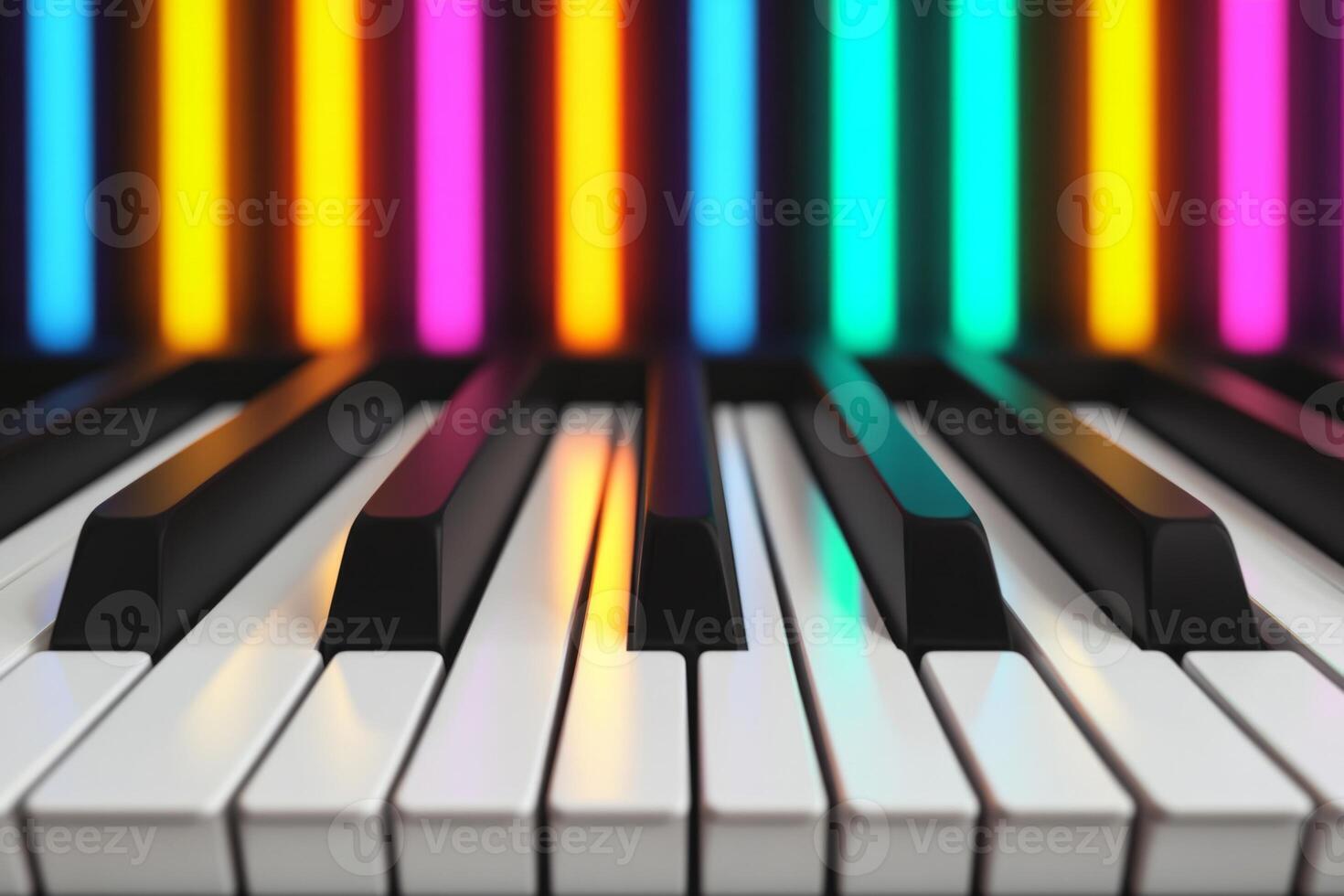 Abstract blend of black and white piano keys with colorful light ...