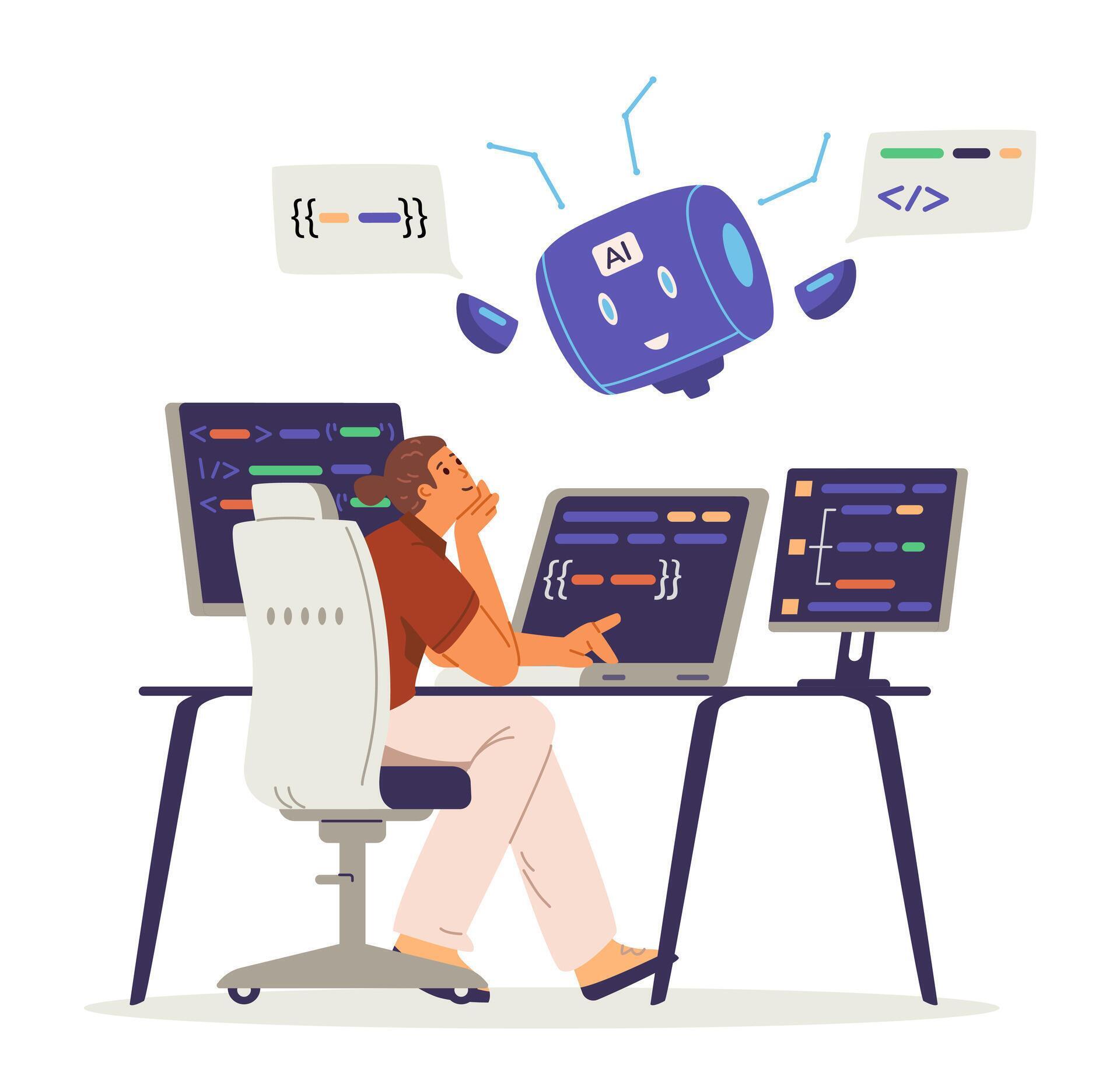 Man programmer interacting with artificial intelligence for code generation and editing flat ...