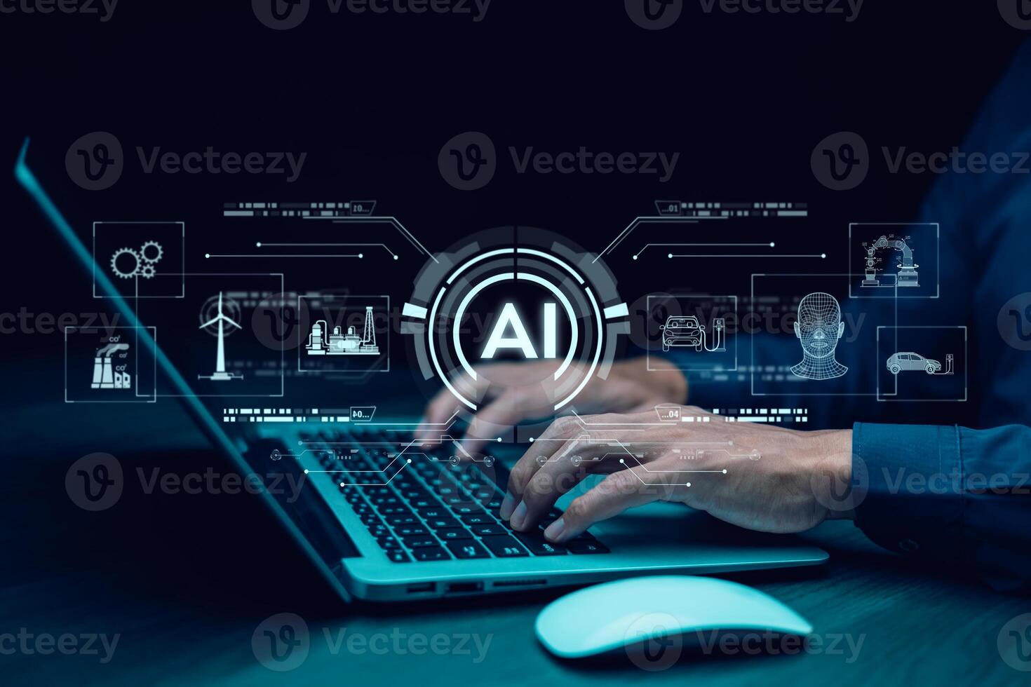 Programmer people working laptops or smartphones with AI, artificial intelligence software ...