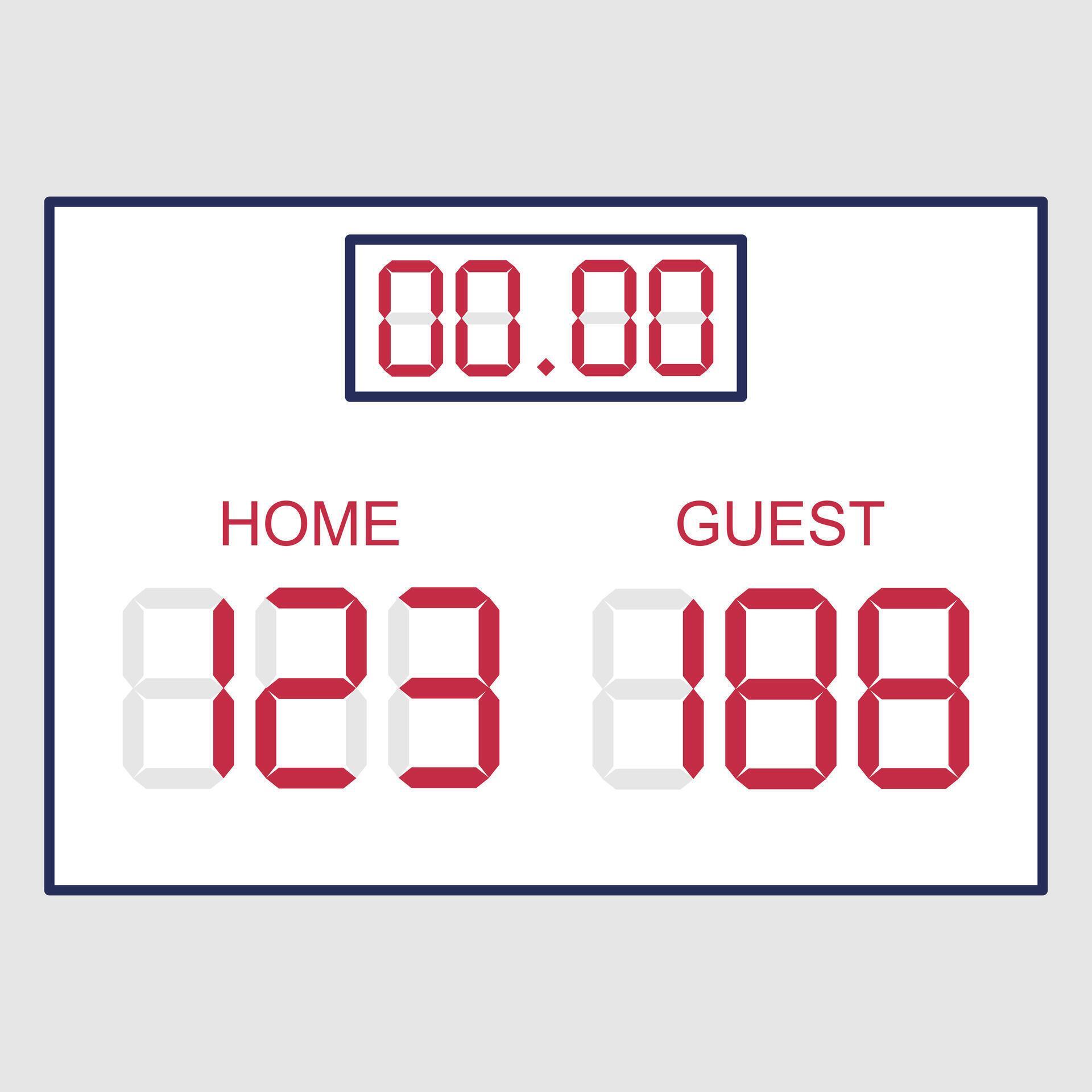 Digital scoreboard displaying scores for home and guest teams with a ...