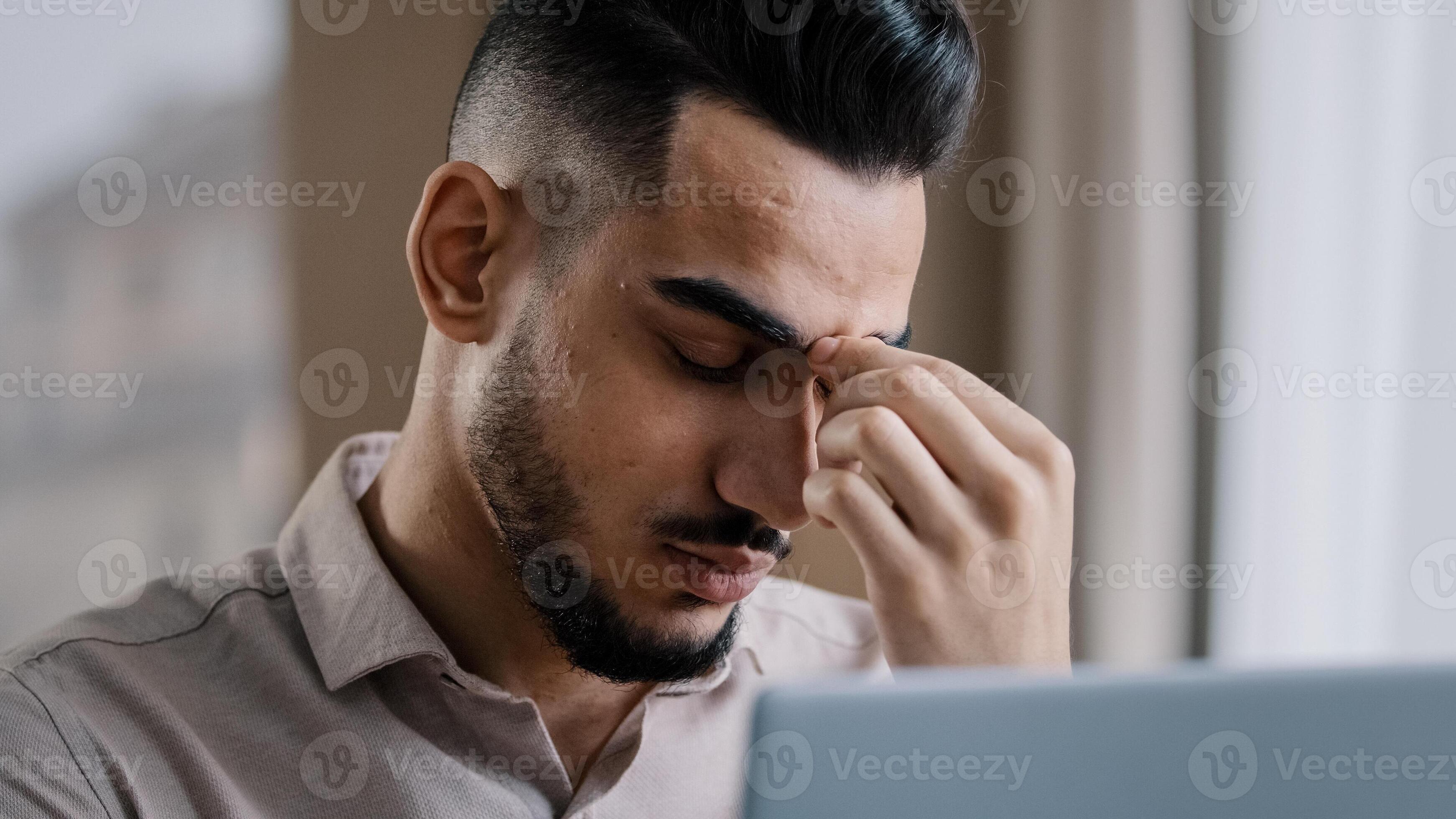 Exhausted Young Millennial Businessman Overworked Male Worker Employee Massaging Dry Irritable