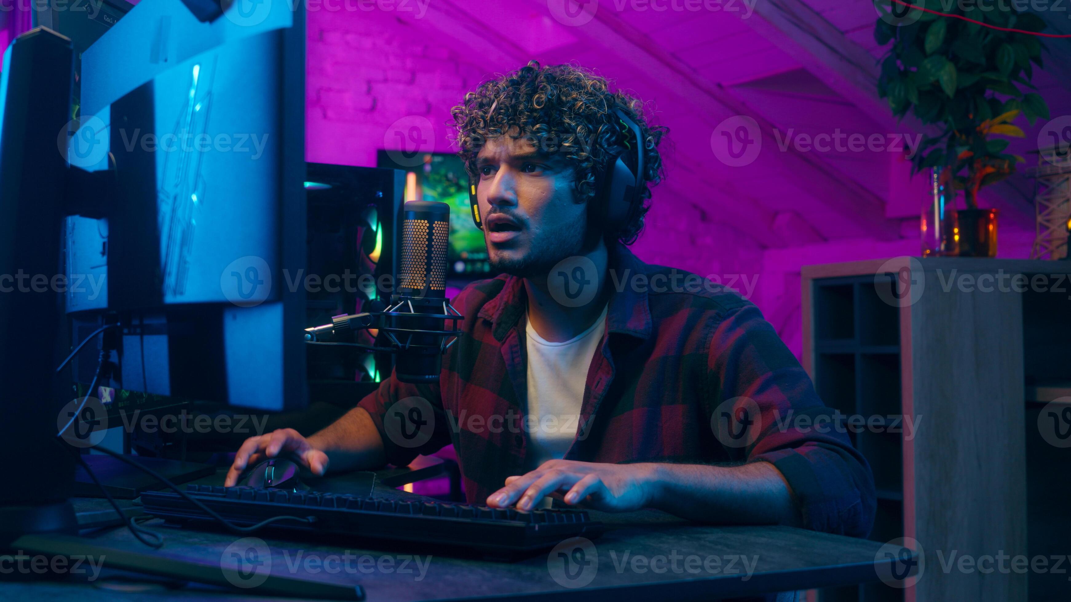 Indian Muslim Arabian Man Streamer Playing Game Addict Computer Shout Scream Broadcast Radio