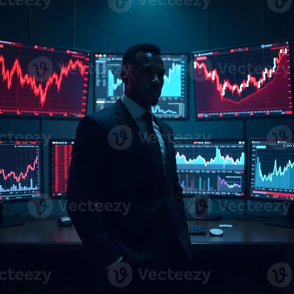 A man in a suit standing in front of multiple computer screens 51805796 Stock Photo at Vecteezy