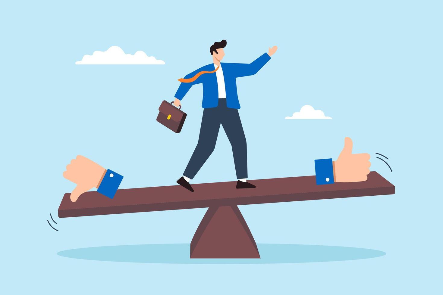 Flat illustration of businessman balances on seesaw with thumb up and ... Flat illustration of businessman balances on seesaw with thumb up and ...