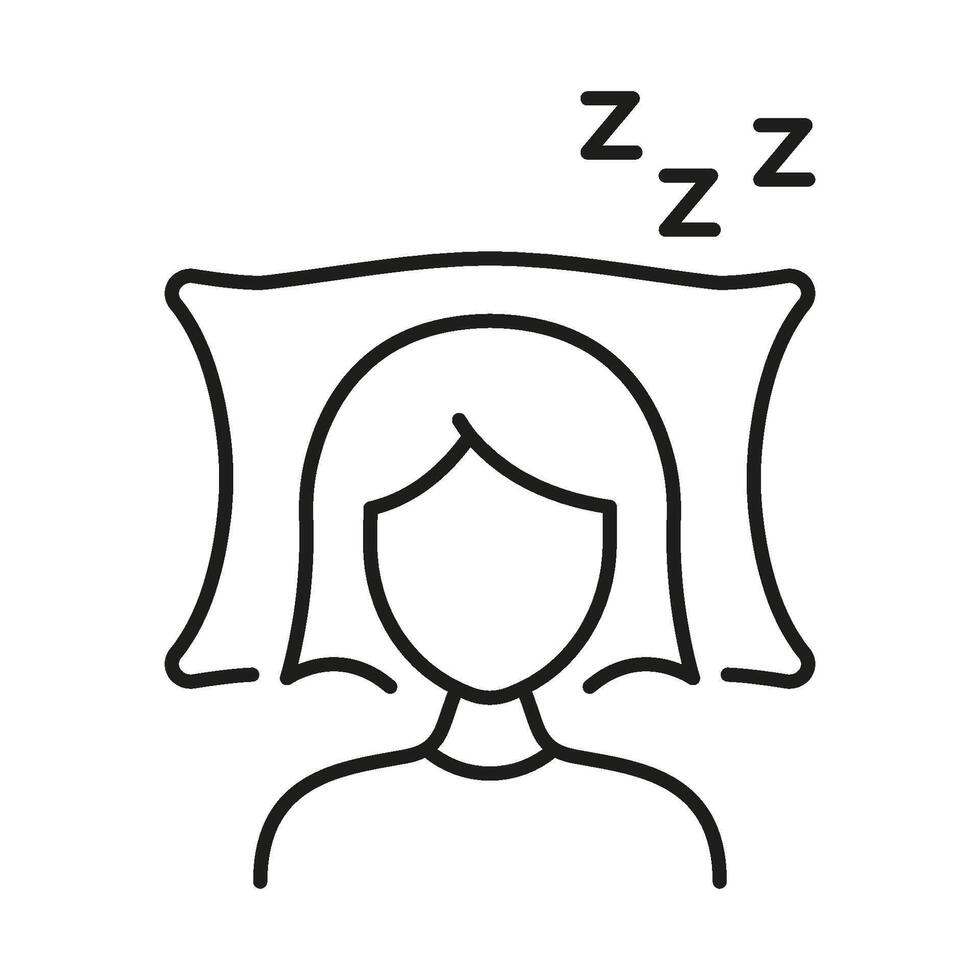 mujer dormido en almohada con zzz línea icono. relajado dormido hembra contorno símbolo ...