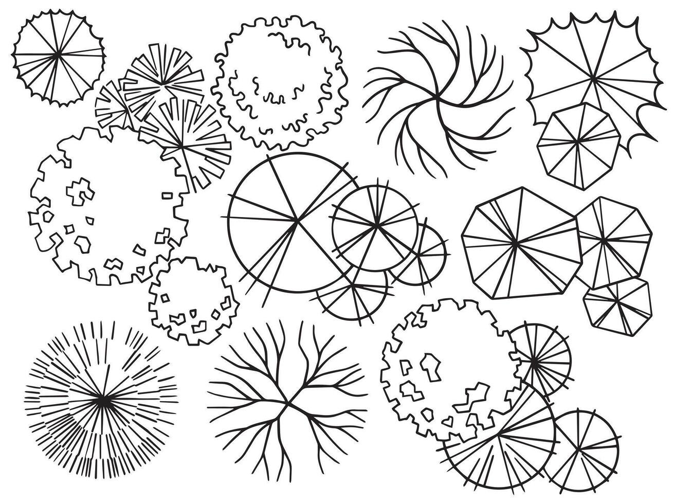 set of trees, hand drawing, top view. architectural ink drawing ...