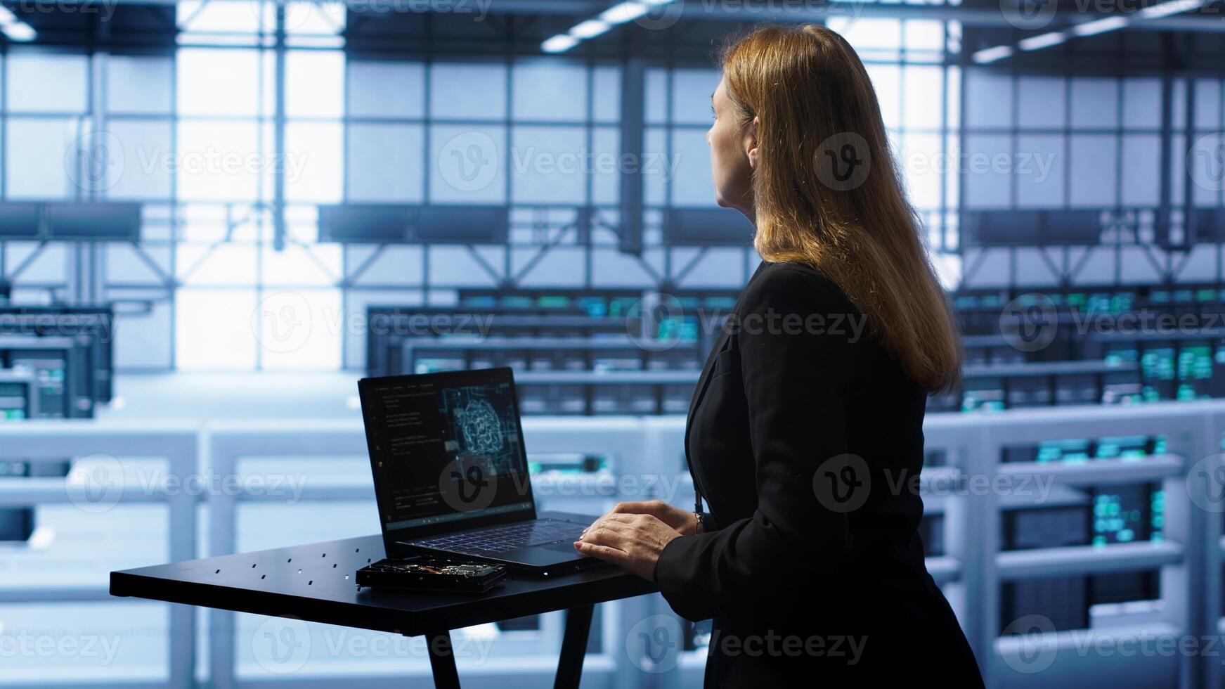 Admin In Data Center Works With Artificial Intelligence Computerized Model Simulating Human