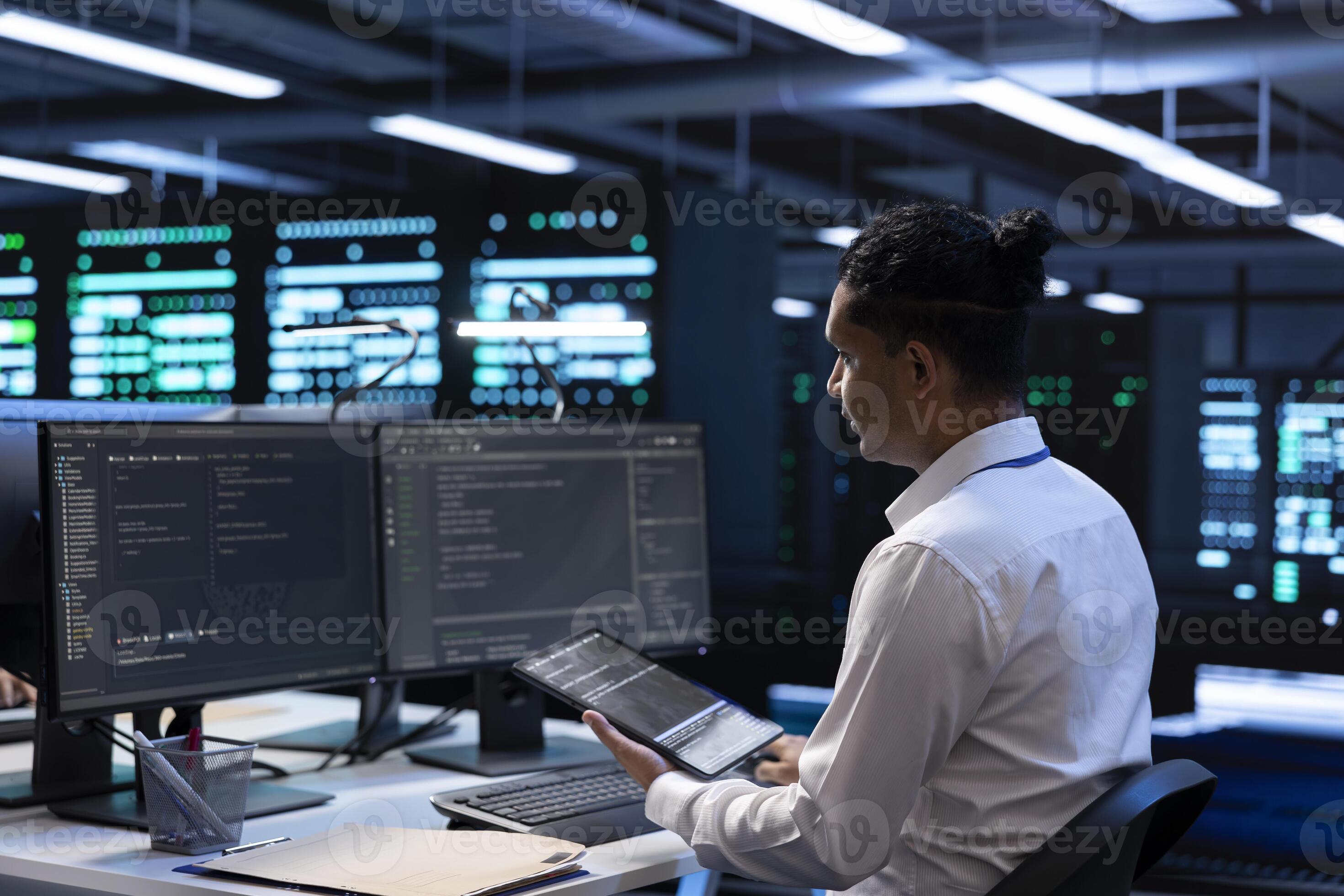 Computer Scientist Doing Yearly Checkup To Prolong Data Center Electronics Life Span And Avoid