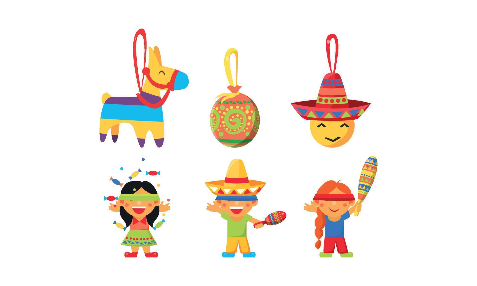 Mexican Cinco De Mayo holiday elements set, children celebrating by ...