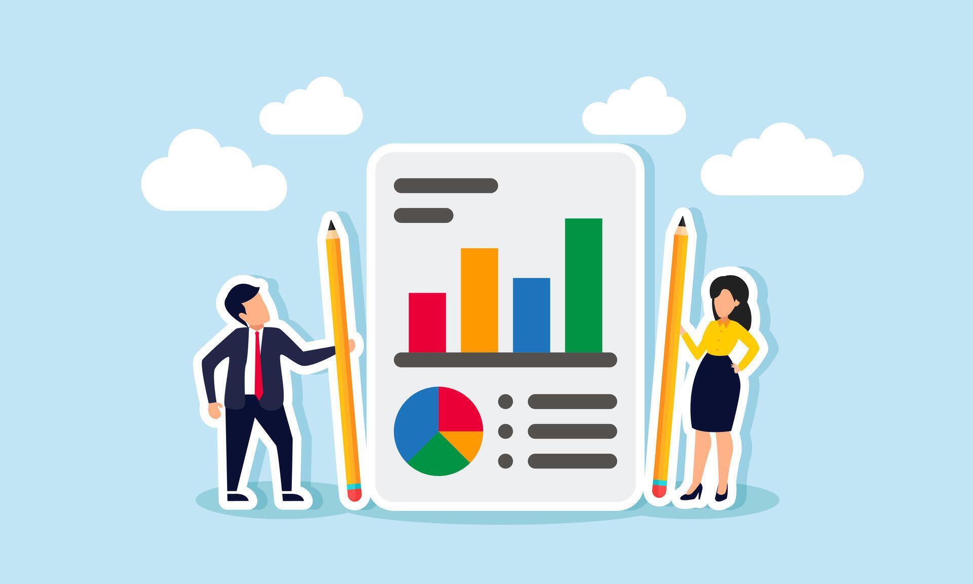 A businessman and businesswoman standing next to a report of statistical data, illustration of ...