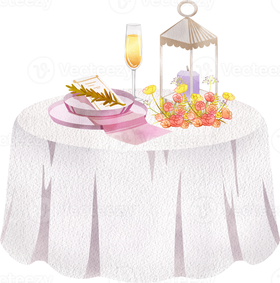 Wedding Banquet Table Set With Plates Champagne And Lanterns Hand Drawn Illustration