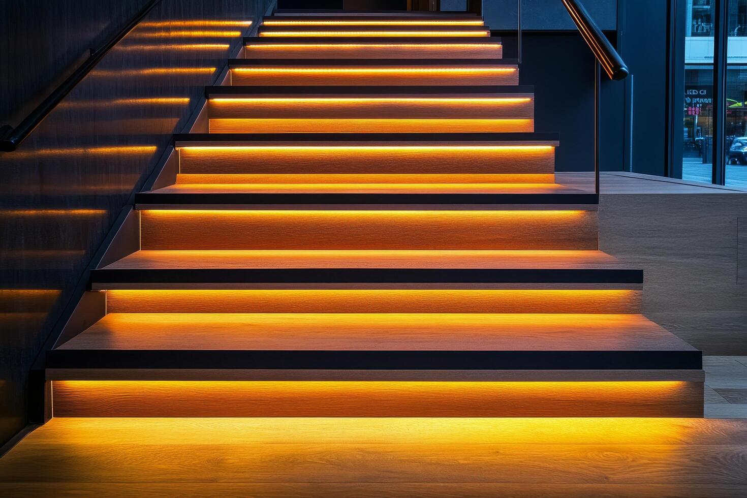 Stunning staircase illuminated with orange light in a modern building ... Stunning staircase illuminated with orange light in a modern building ...