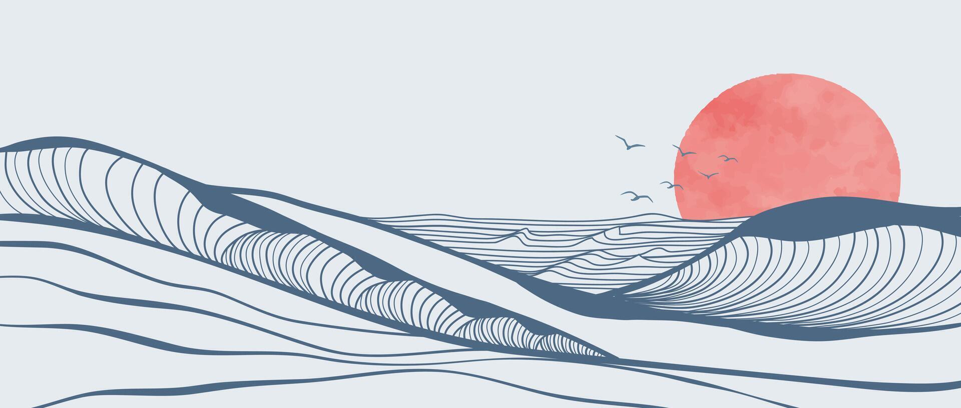 Ocean wave landscape illustration. Creative minimalist modern line art print. Abstract ...